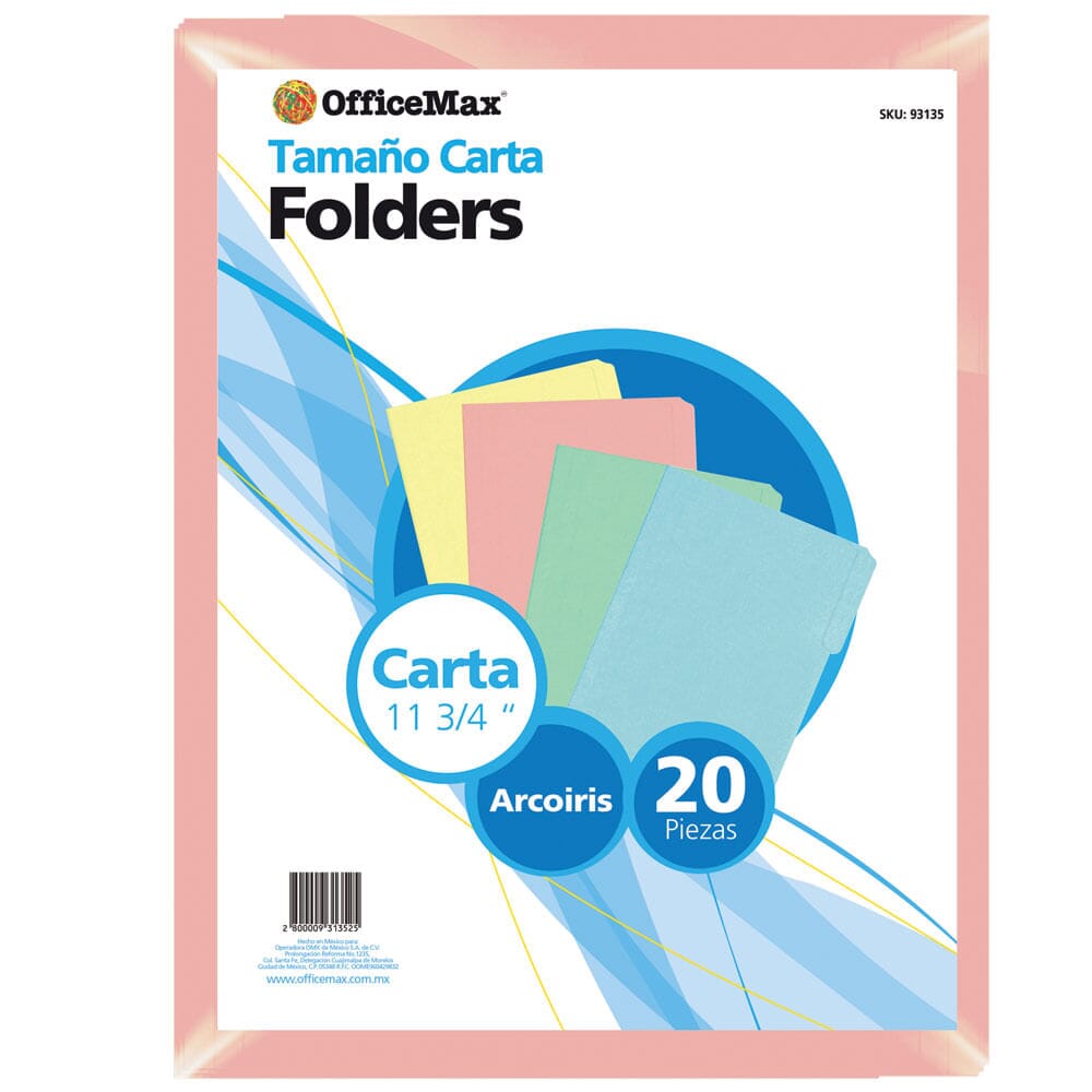 Folder carta colores varios paquete con 20 piezas - Office Max
