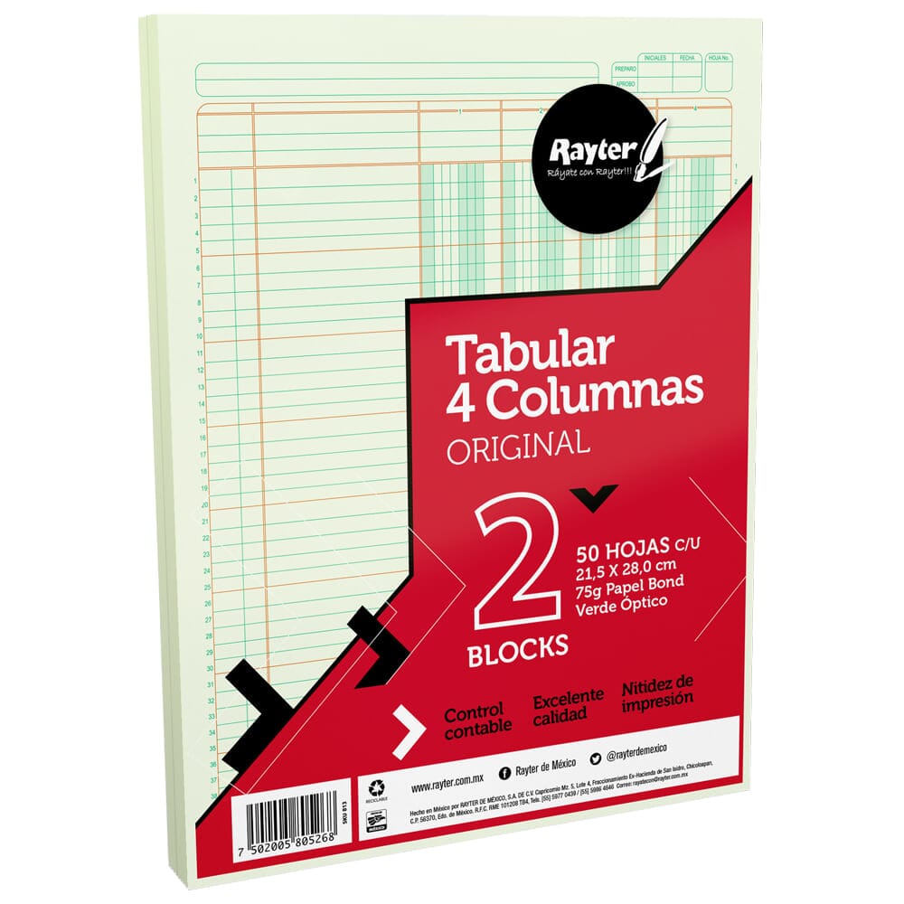 Tabular 4 Columnas Rayter 2 Blocs con 50 hojas c/u Formas Tabulares ...