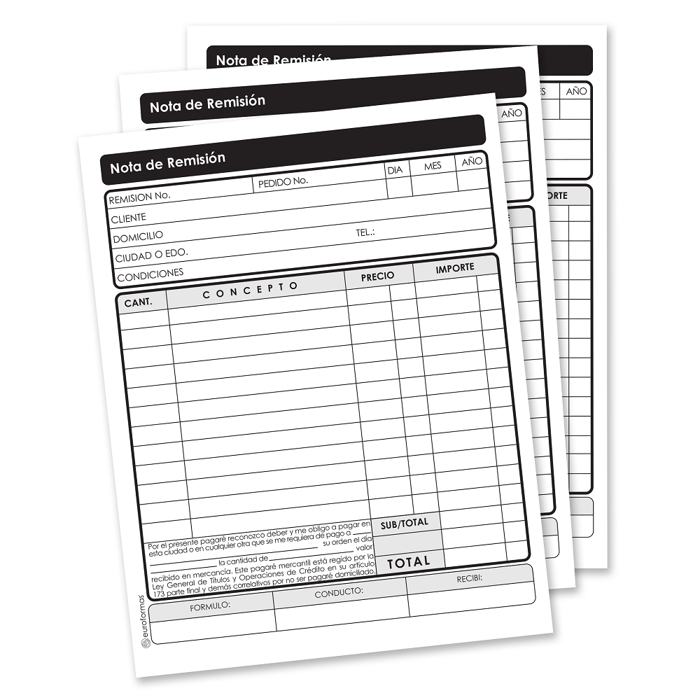 Nota de Remisión Original 1/4 Carta Euroformas 3 Blocs con 45 hojas c/u ...