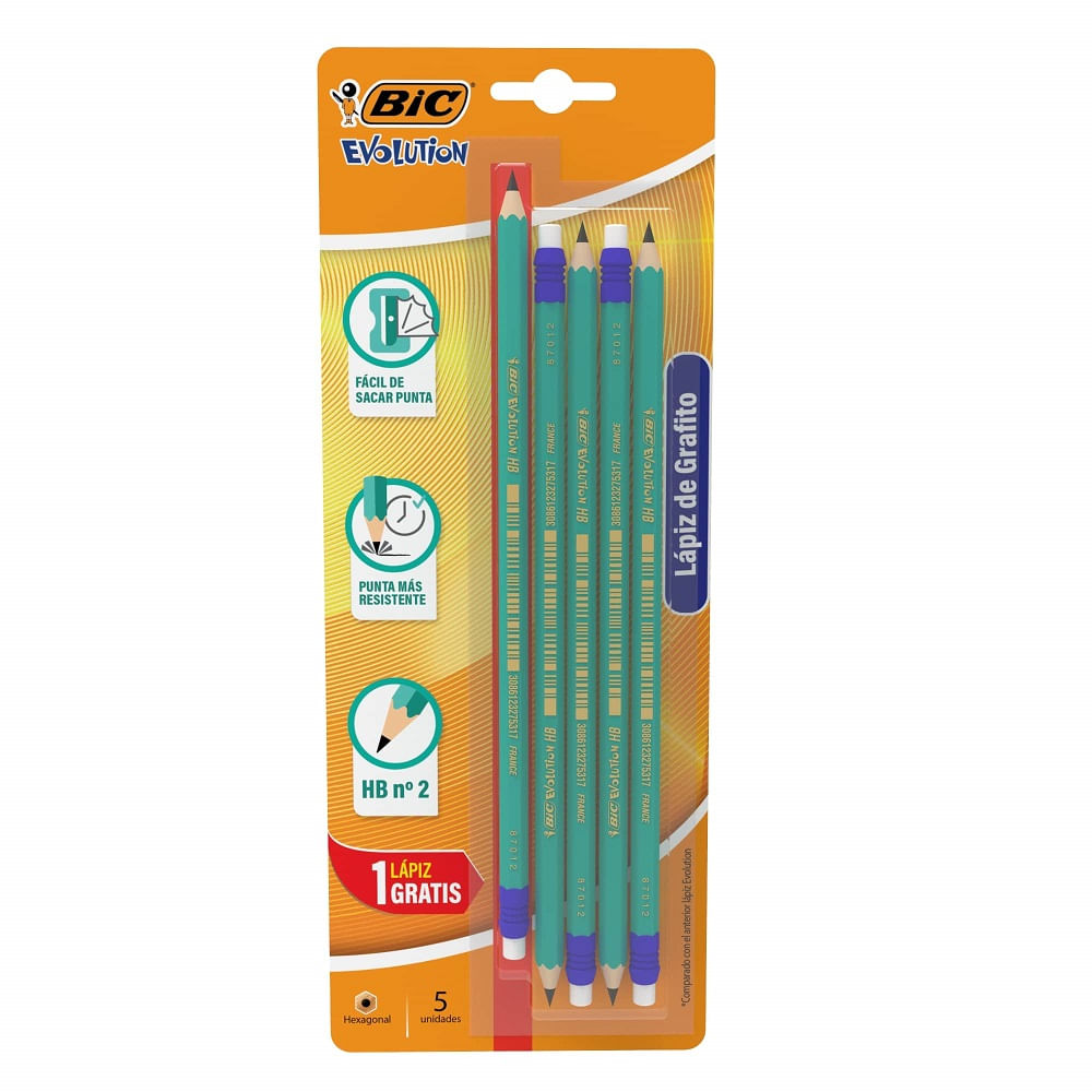 Lápiz HB N.2 Bic Evolution Verde Hexagonal 5 piezas | Lápices | OfficeMax - Office Max