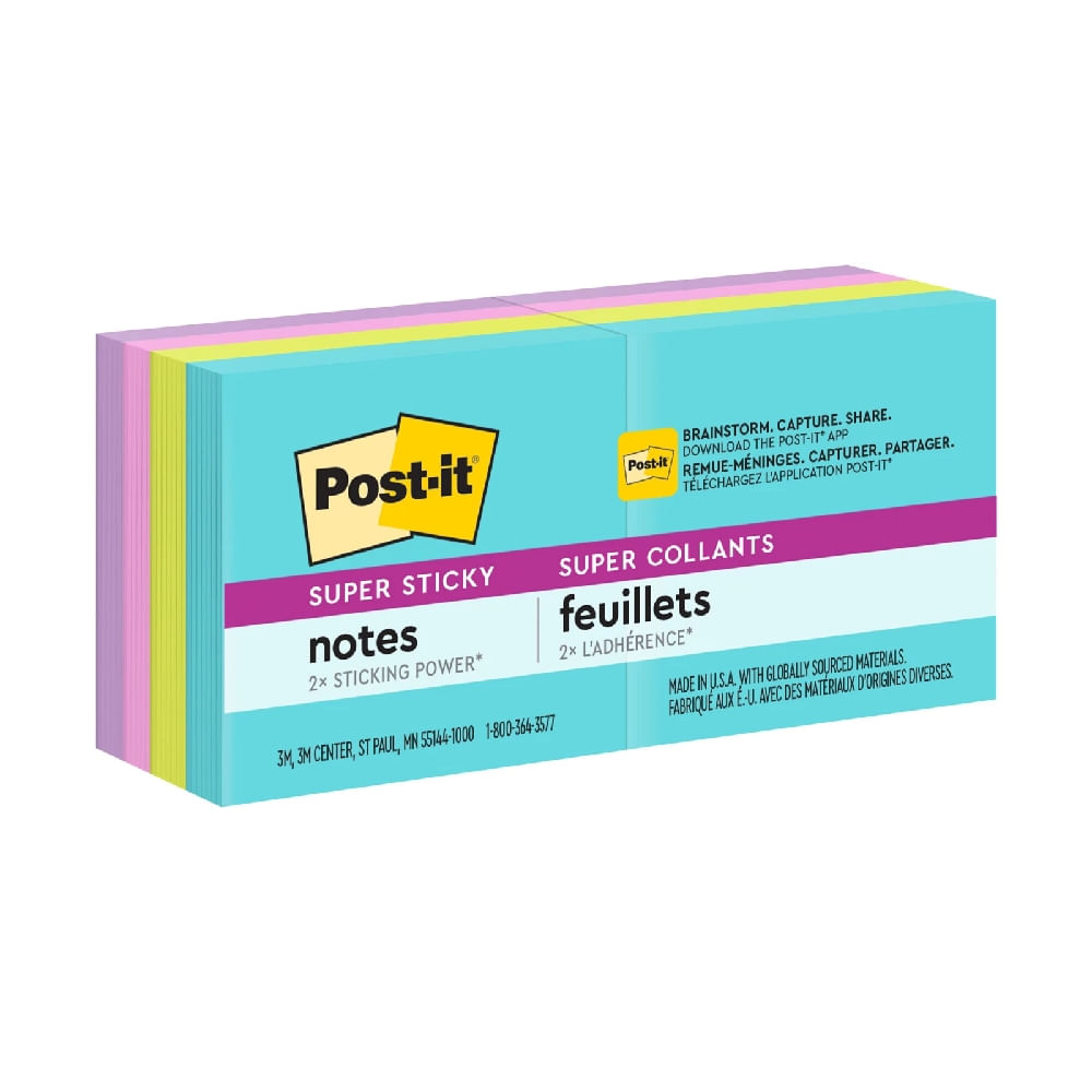 Post-It Notas Adhesivas Super Sticky Miami 47 x 47mm 8 Blocs 90 hojas c ...